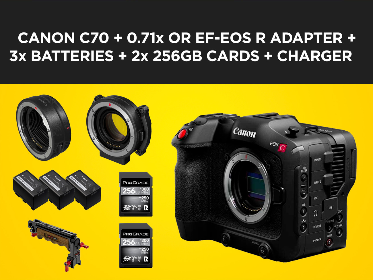 Rent Canon C70 + EF-EOS R & 0.71 Adapters, 3 Batteries, 2 Cards, Handle ...