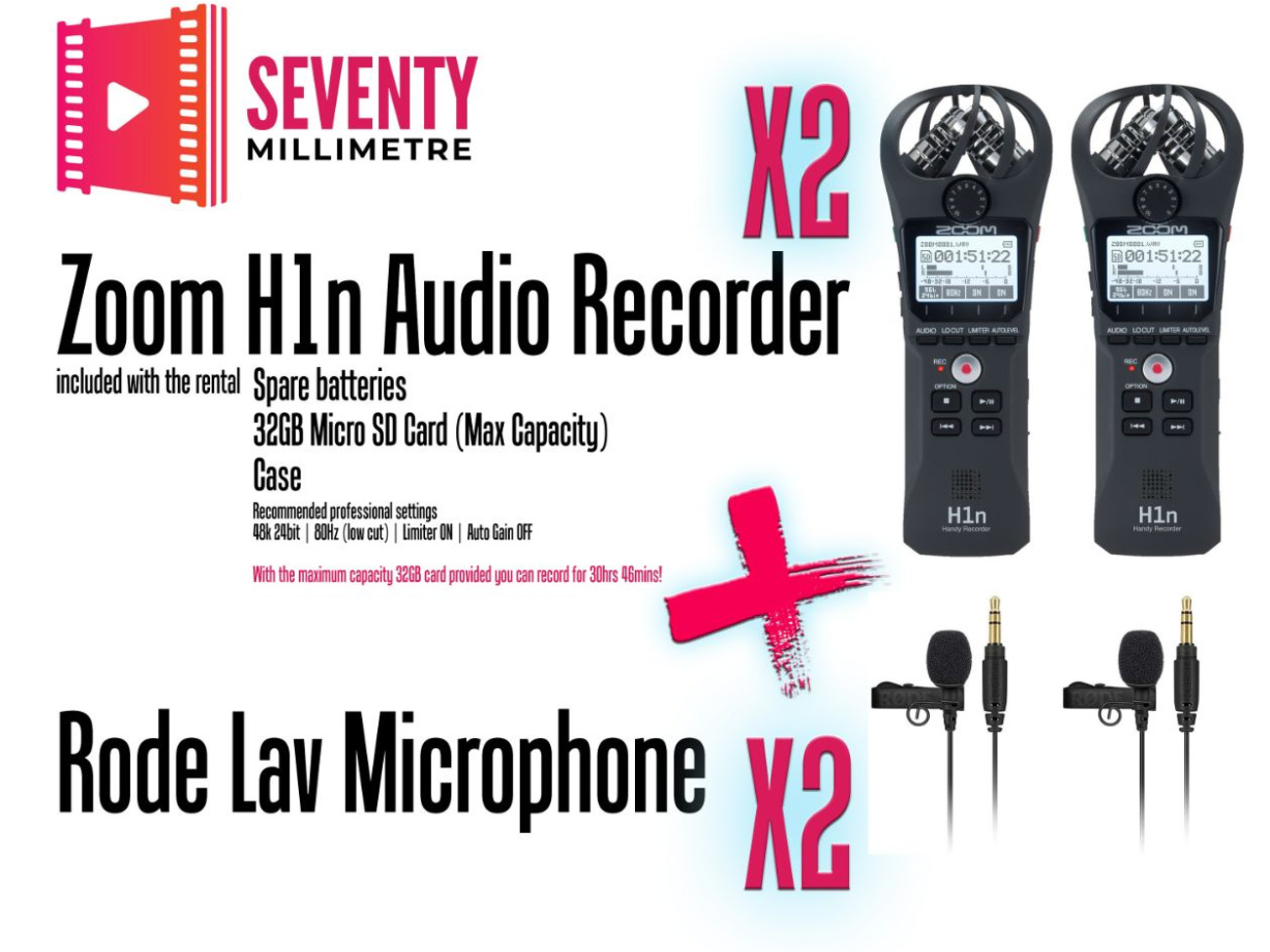 Rent x2 Zoom H1n Prof Audio Recorders + x2 Rode Lavalier GO Mics from ...