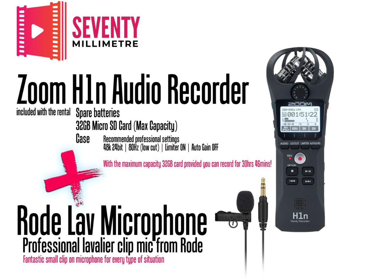 Rent Zoom H1n Pro Audio Field Recorder + Rode Lavalier GO Mic from 70mm ...