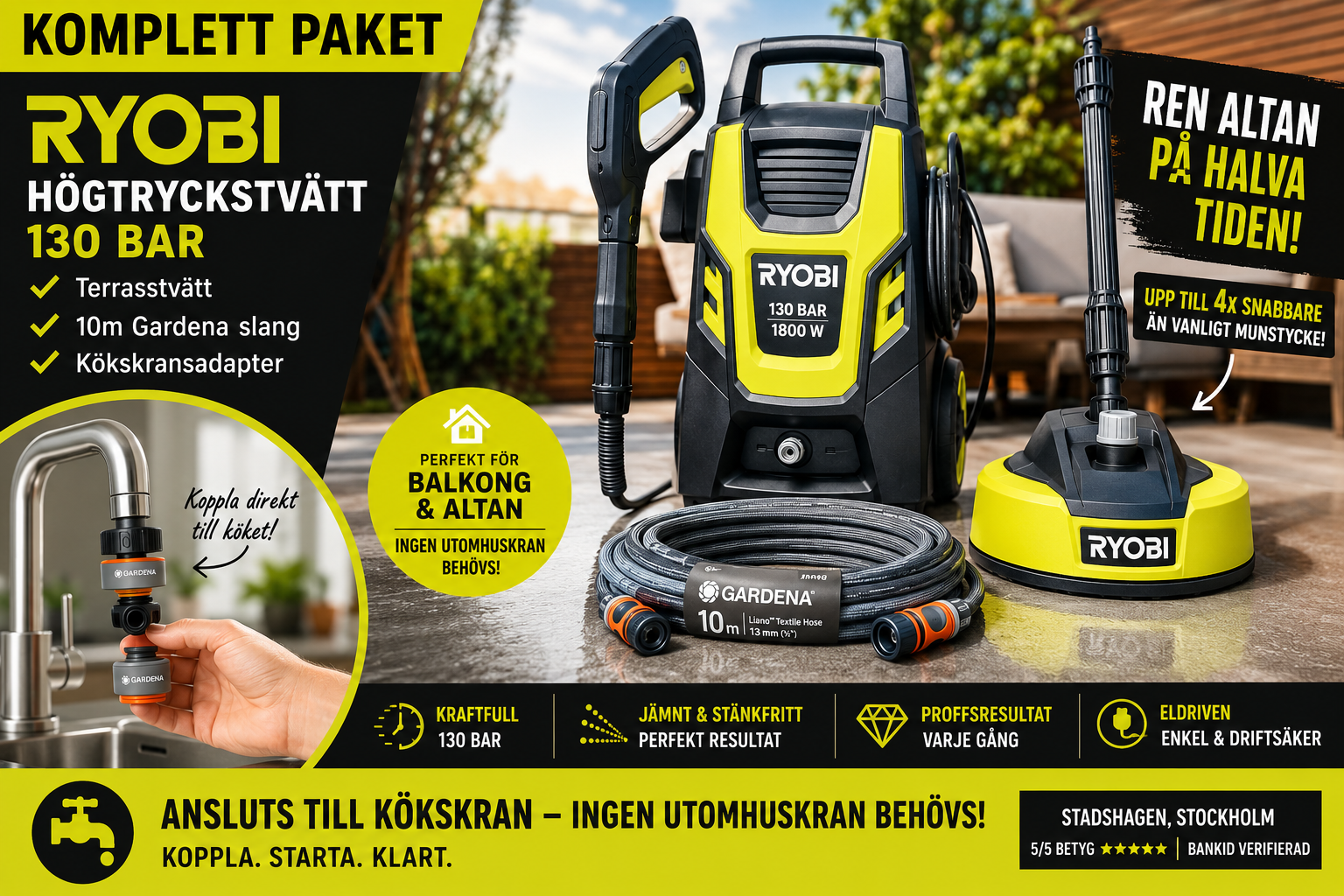 Hyr Ryobi Högtryckstvätt / Pressure Washer – Komplett Terrasstvätt Kit ...