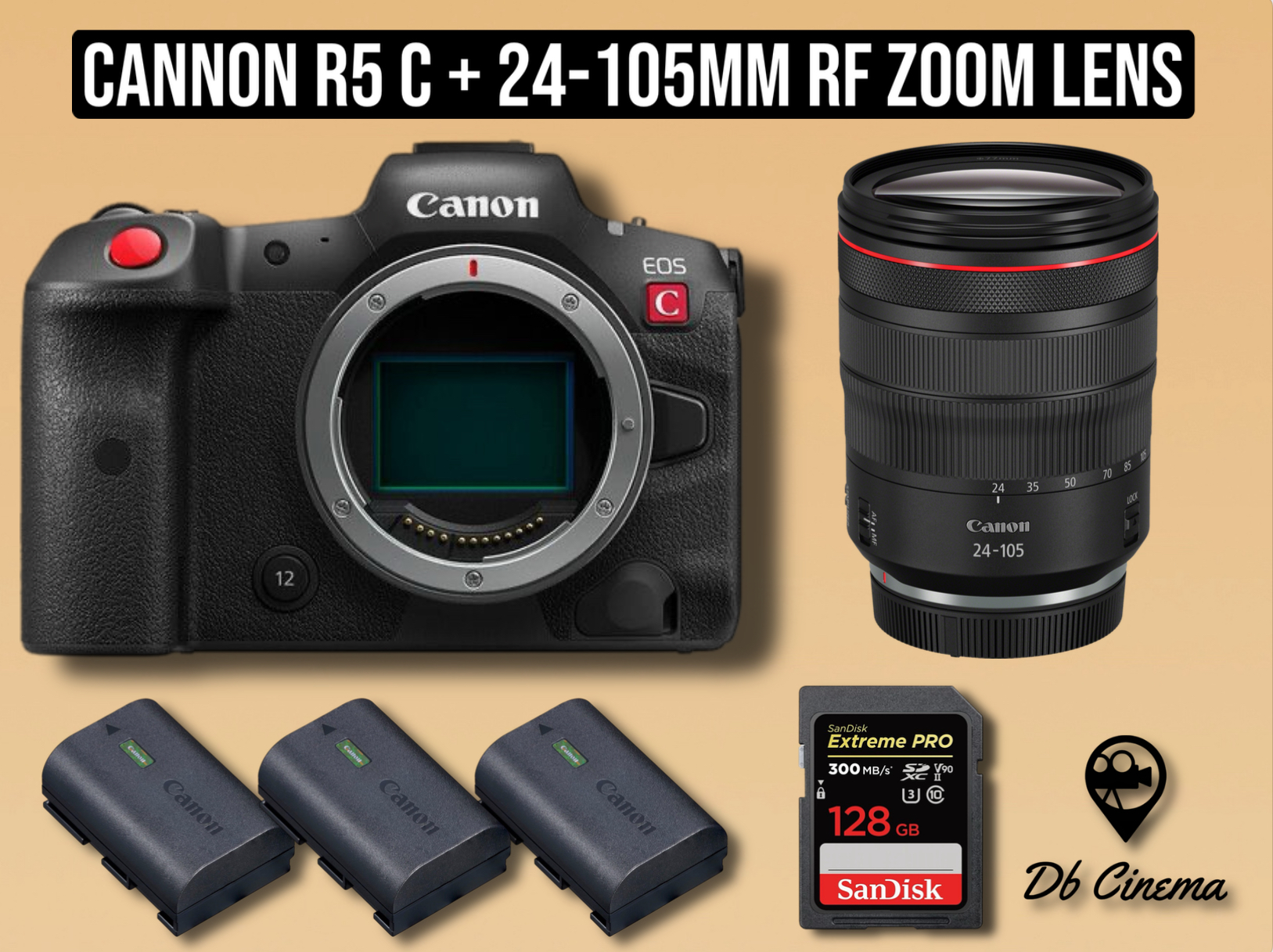 Rent Cannon r5 c cinema camera + 24-105 rf lens + sd card + 3x ...